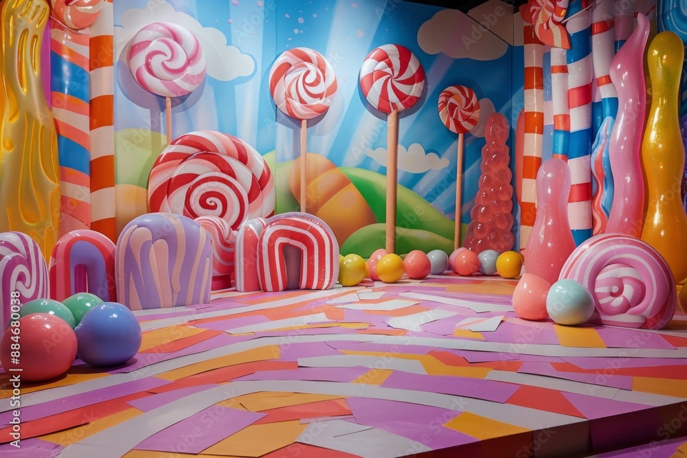 An empty stage set in a whimsical candy land, with a floor made of ...