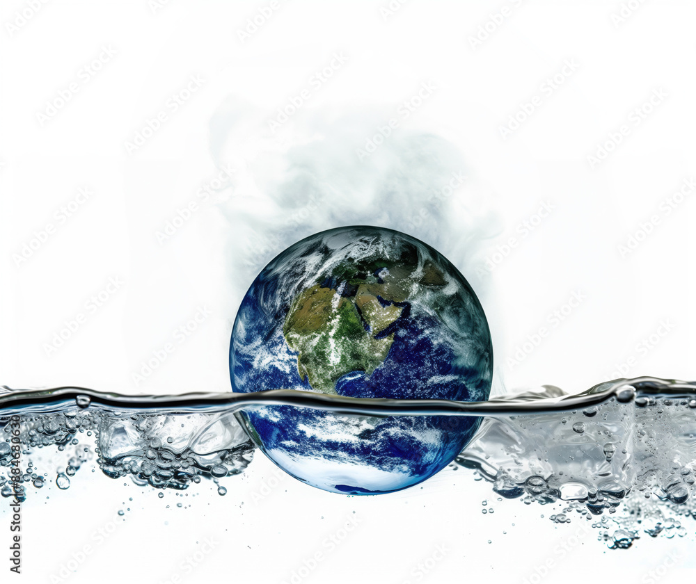 Earth on the surface of boiling water, steam comes from the ground ...