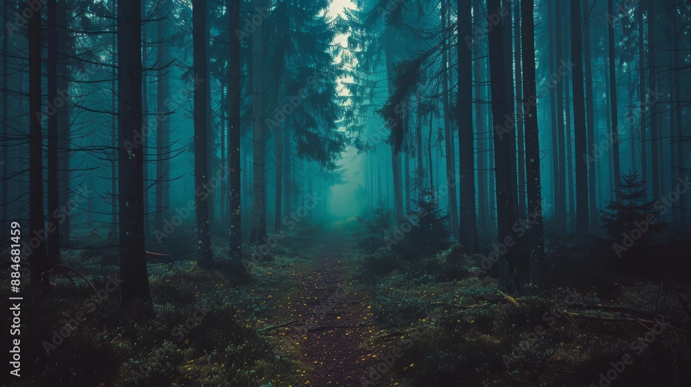 Dense misty forest with a path passing through at night, stunning dark ...