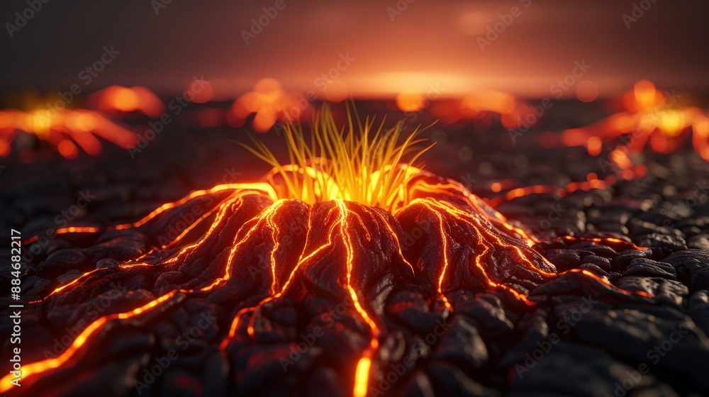 Dramatic volcanic landscape with vibrant orange lava cracks and green ...