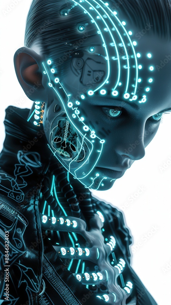 Futuristic cyberpunk child with glowing circuitry patterns on face and ...