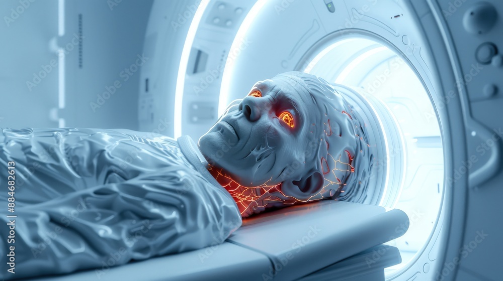 Futuristic medical imaging of a human undergoing a high-tech MRI scan ...