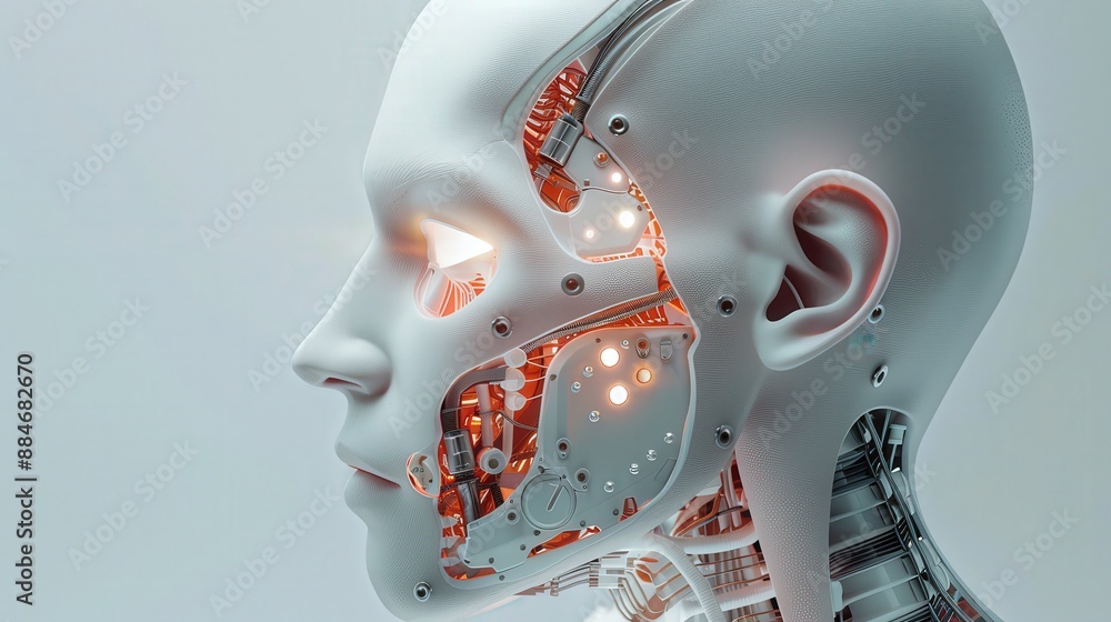 Futuristic robot with visible internal circuits and mechanical parts ...