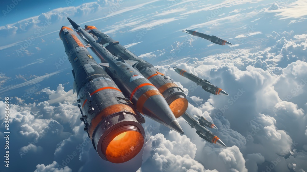 hypersonic missile photo Battle missiles are flying above the clouds ...