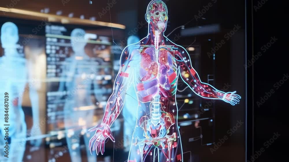 A high-tech medical setting showcases a detailed hologram of human ...