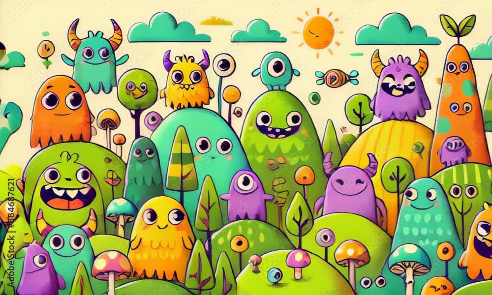illustration of a group of friendly monsters in a playful landscape ...