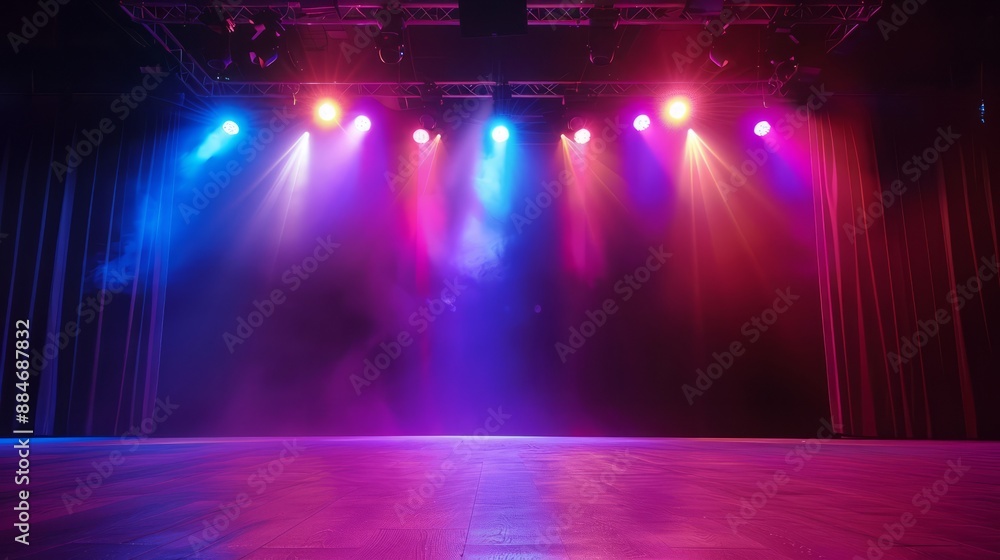 The stage lighting background of the theater, spotlights illuminated the stage. An empty stage ...