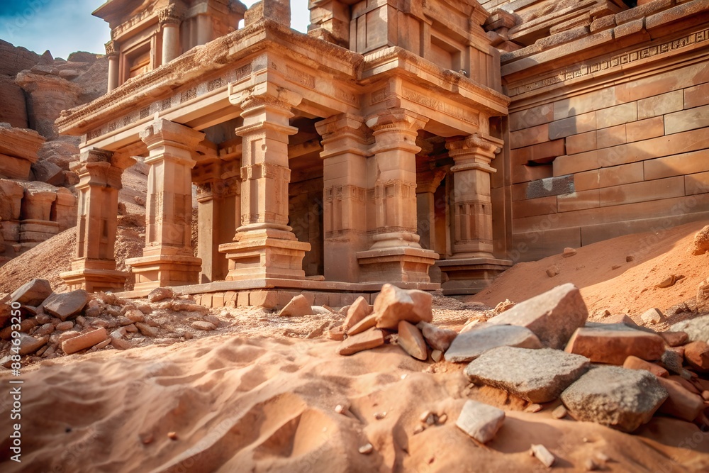 Ancient temple ruin stands amidst sand and debris, sand, ancient, ruin ...