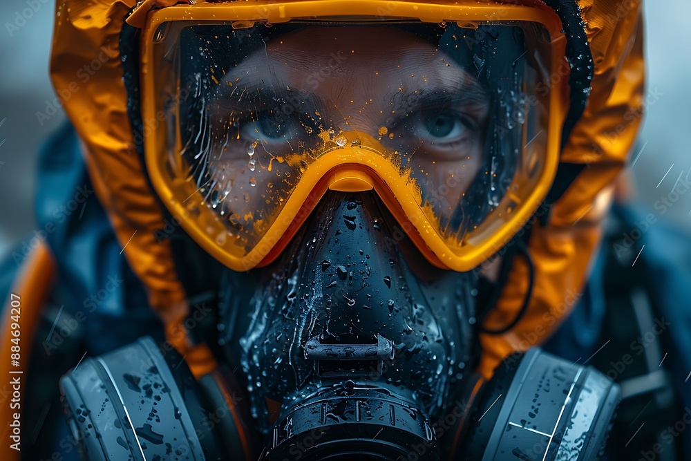 Professional construction worker wearing a high-grade dust mask ...