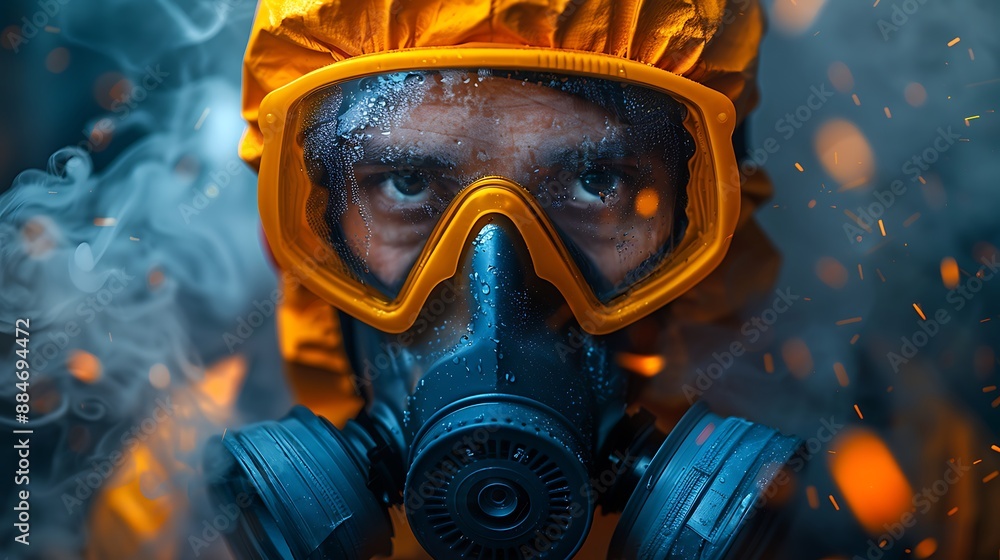 Professional construction worker wearing a high-grade dust mask ...