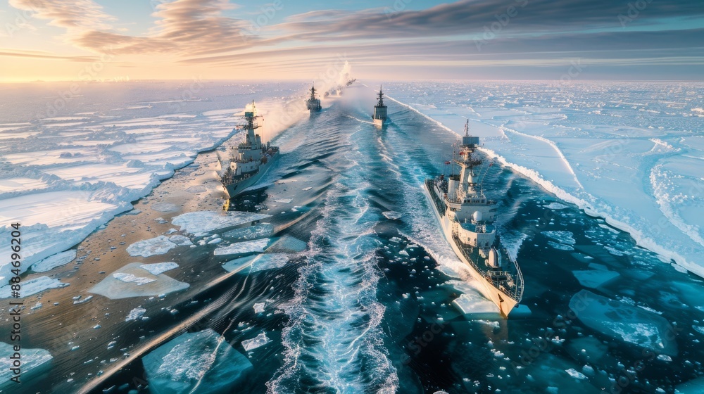 Navy patrol unit. Warships sailing in the icy Arctic waters Arctic navy ...
