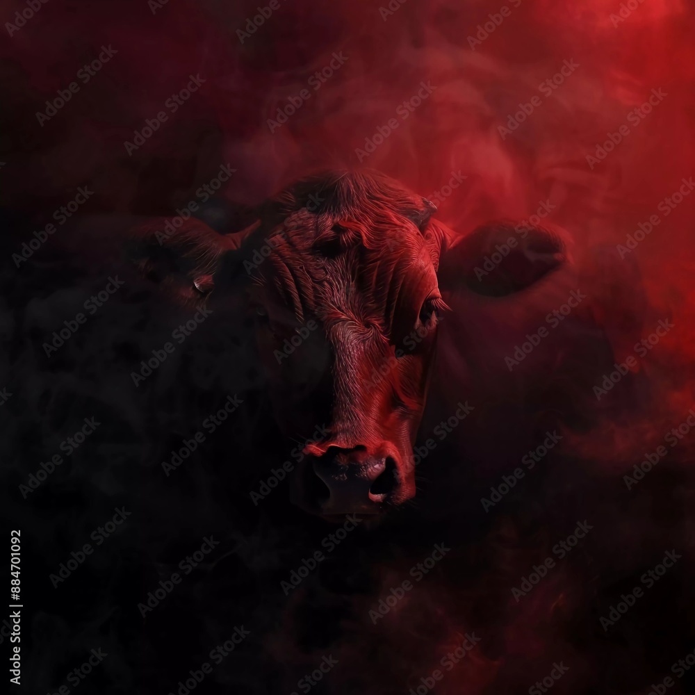 Fantasy red cow - cow deity - cow god - dark background - misty, foggy ...