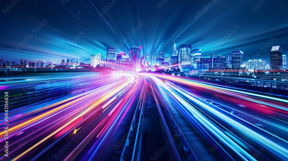 High-speed freeway with glowing headlights leading towards a modern ...