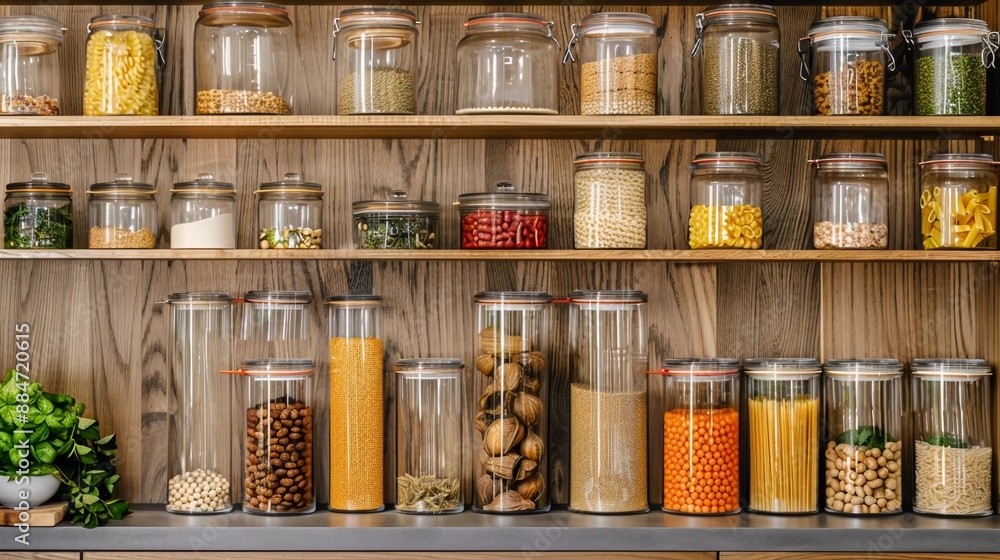 Organized Pantry Shelves with Glass Jars Filled with a Variety of Dry ...