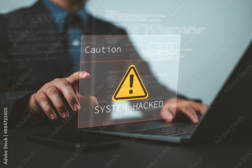 System hacked alert after cyber attack on computer network. user is ...