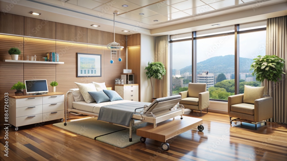 Asian-style living room or private hospital room setup with medical ...