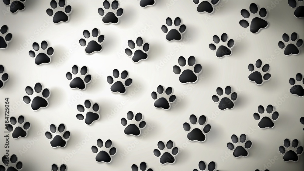 Black dog paw prints scattered randomly on a clean and minimalist white ...