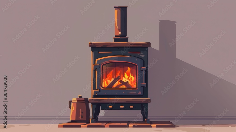 Woodburning stove, flat design, front view, bushcraft survival theme ...