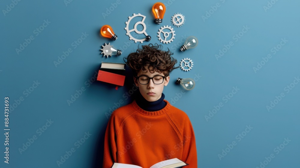 Brilliant mind depicted with symbols of intellect - books, gears ...