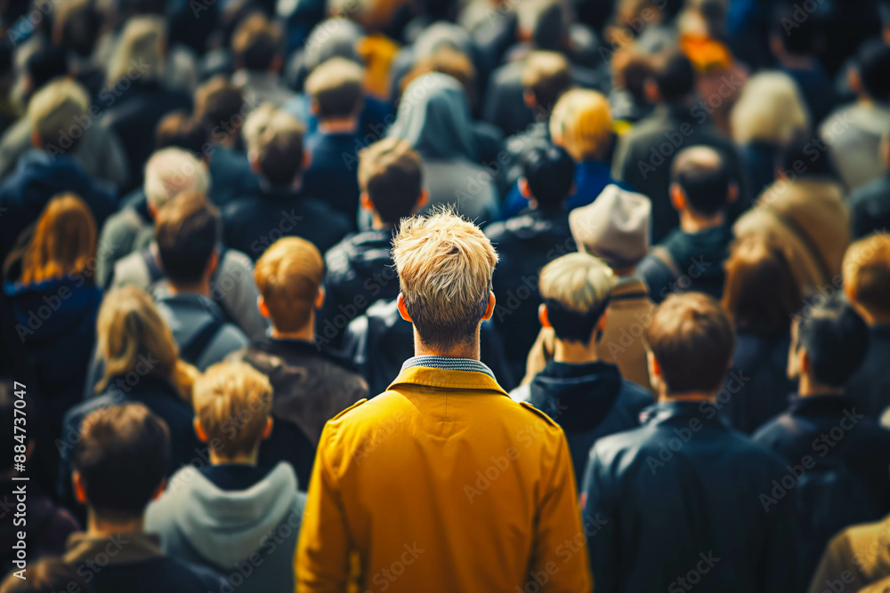 Stand out from the crowd concept with blonde man standing out from ...