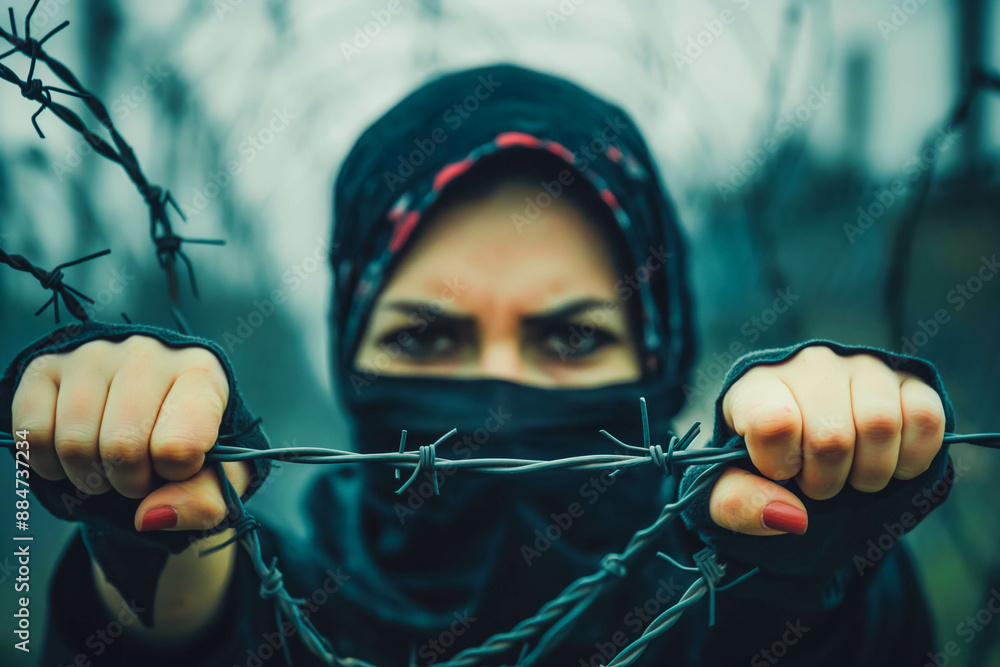 Standing against oppression concept with masked woman grabbing barbwire ...