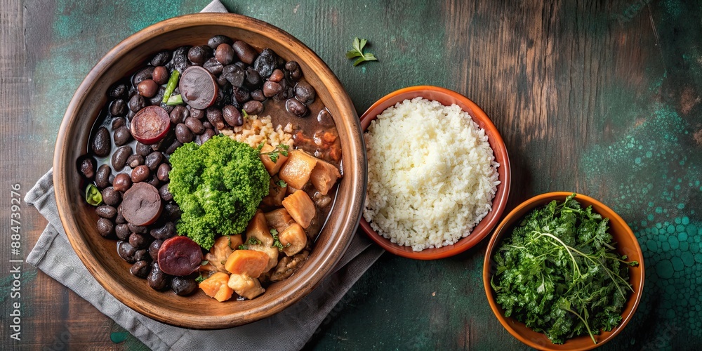 Traditional Brazilian feijoada dish with black beans, pork, beef, and ...