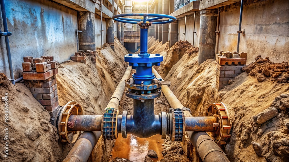 Industrial valve and pipe system in a deep trench, surrounded by ...