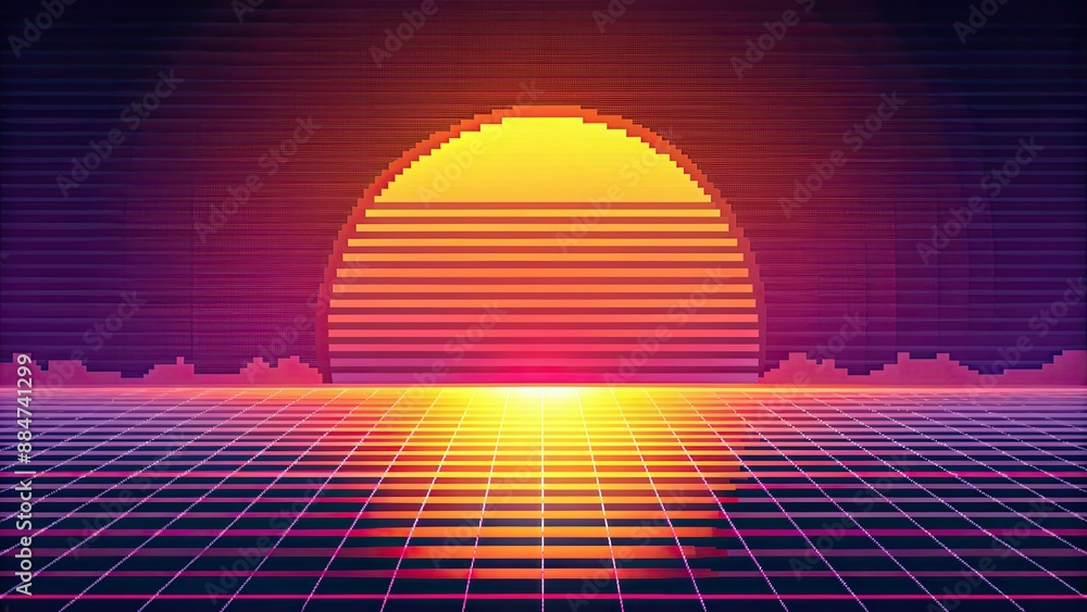 A sunset on a retro 1980s pixel art scene, sunset, retro, 1980s, pixel ...