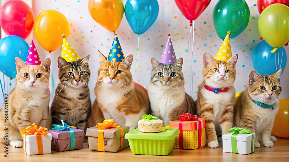Cats celebrating a birthday party with hats, balloons, and gifts ...