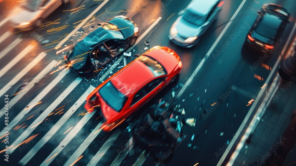 High-speed car crash at an intersection with debris and sparks flying ...