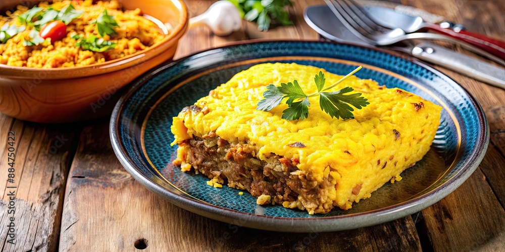 Traditional South African bobotie with yellow rice served on a plate ...