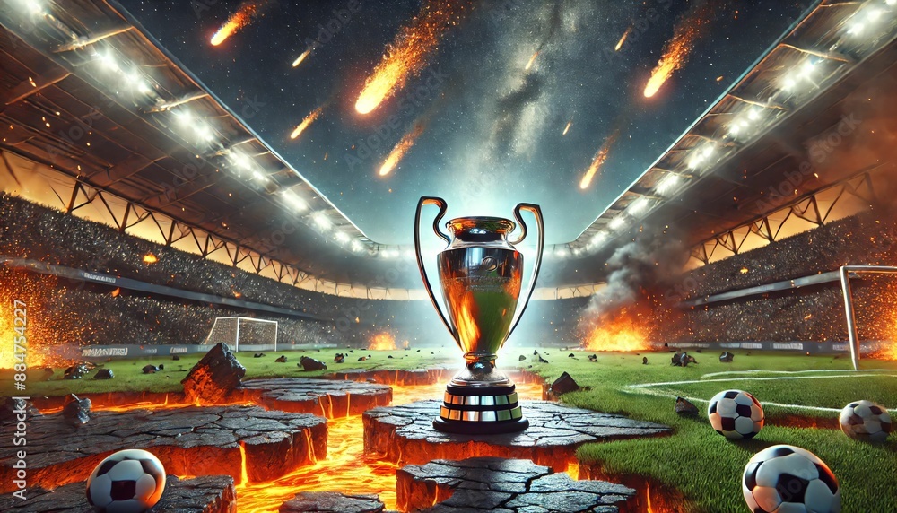 Silver trophy in soccer stadium with lava and meteorites Stock ...