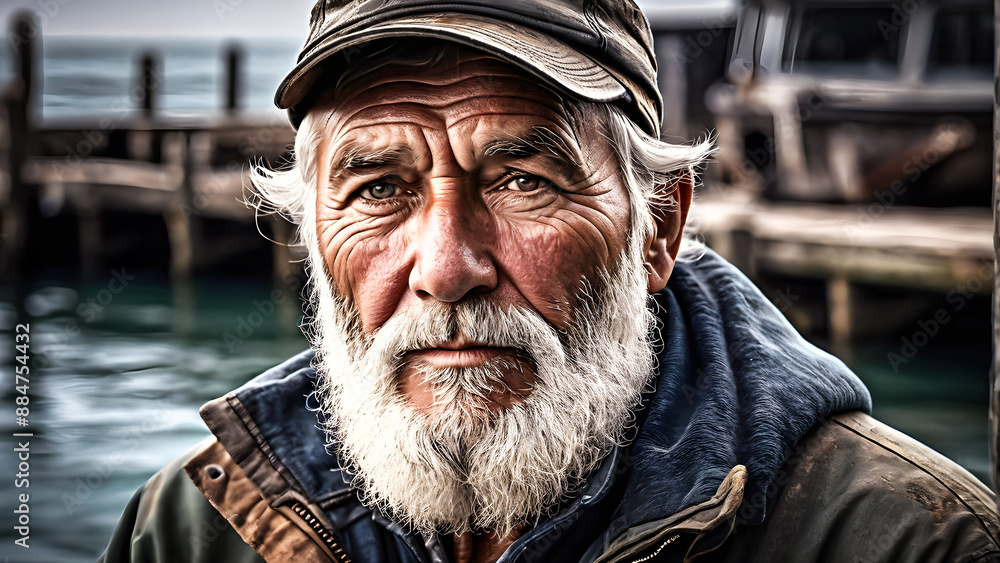 portrait of an elderly hard working seasonal fisherman with deep lines ...