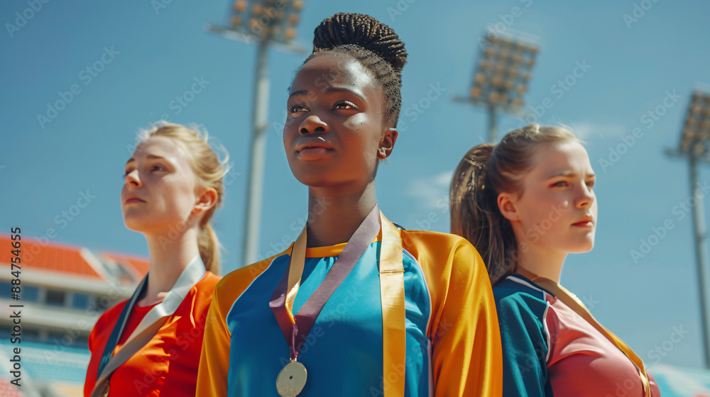 Cinematic shot Winners podium with female athletes celebrating their ...