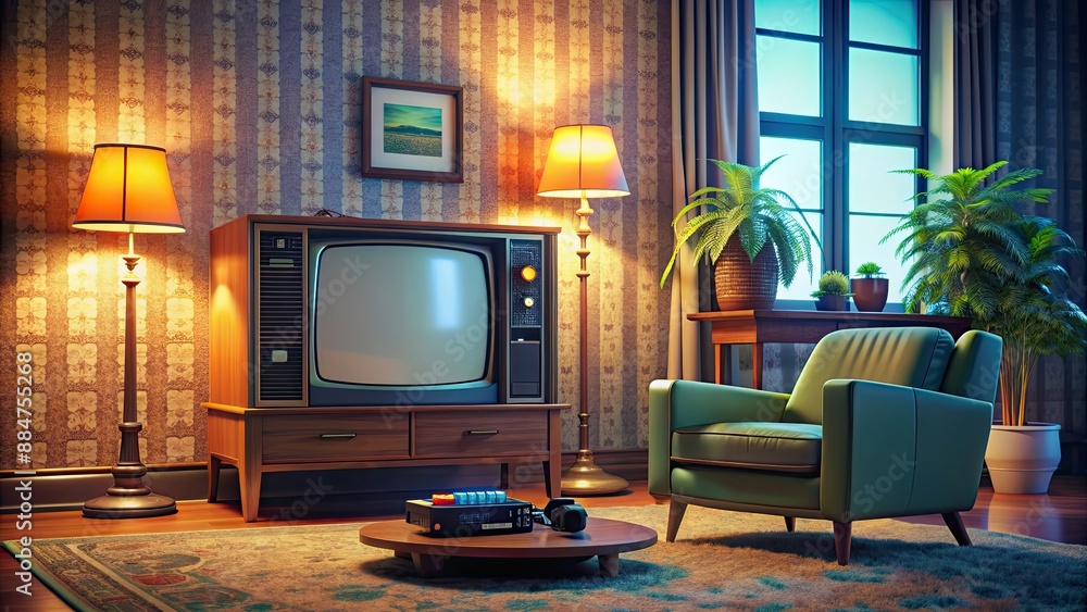 Retro gaming setup with CRT TV and console in a detailed living room ...