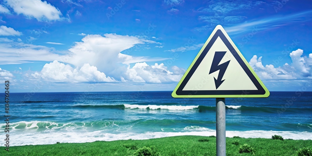 Warning sign for electric currents at the ocean, danger, warning, sign ...