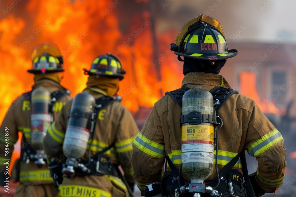 Back view of firefighters facing fierce flames, fully equipped for ...
