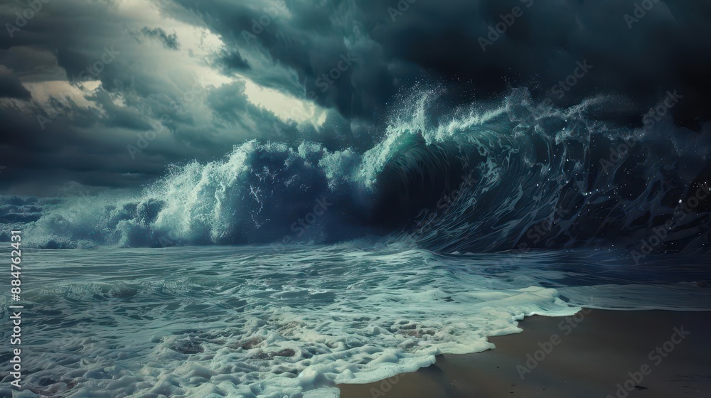 Foto de biblical deluge massive tidal wave crashing onto shore ...