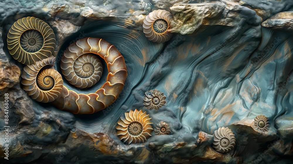 Ancient Marine Life: Shows a background with fossils of ancient marine ...