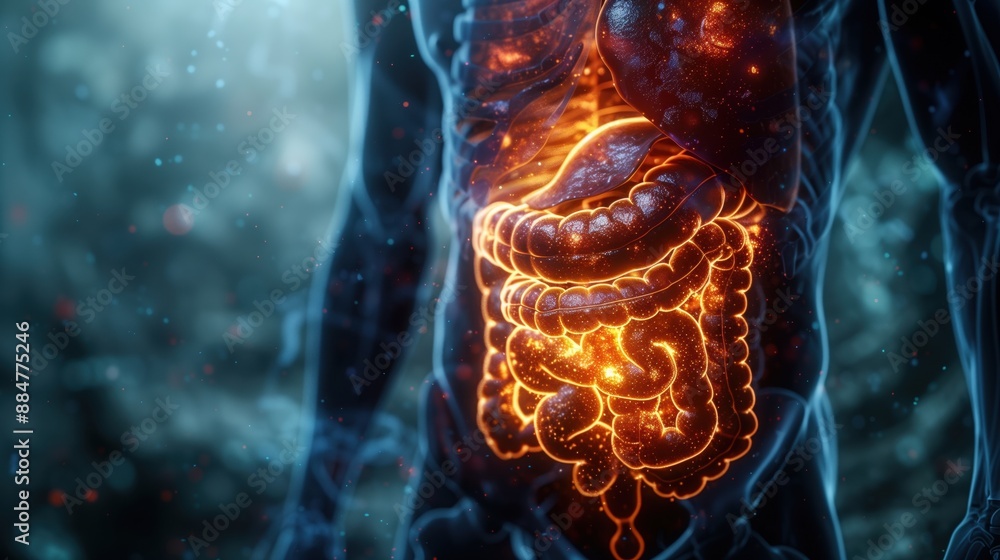 Illuminated digestion, glowing human digestive system against a blurred ...