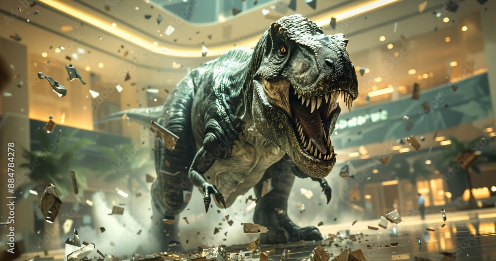 Fierce T-Rex Rampaging Through a Modern Mall, Causing Chaos and ...