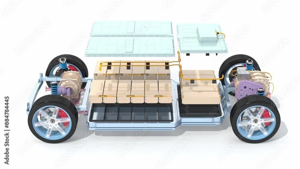 Explode view of electric vehicle chassis equipped with battery pack on ...