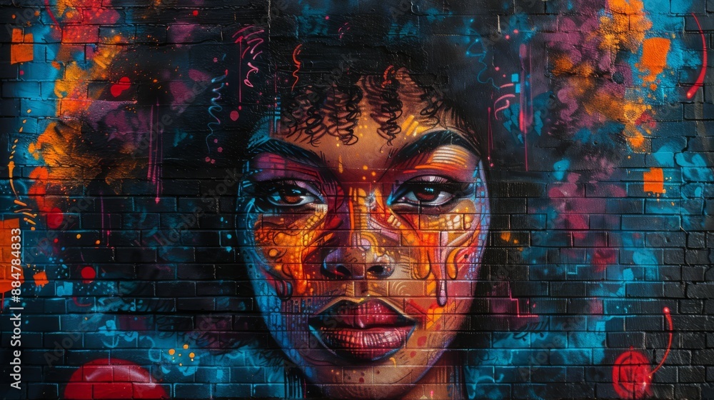 Graffiti art of a black woman with afro, graffiti wall background, flat ...