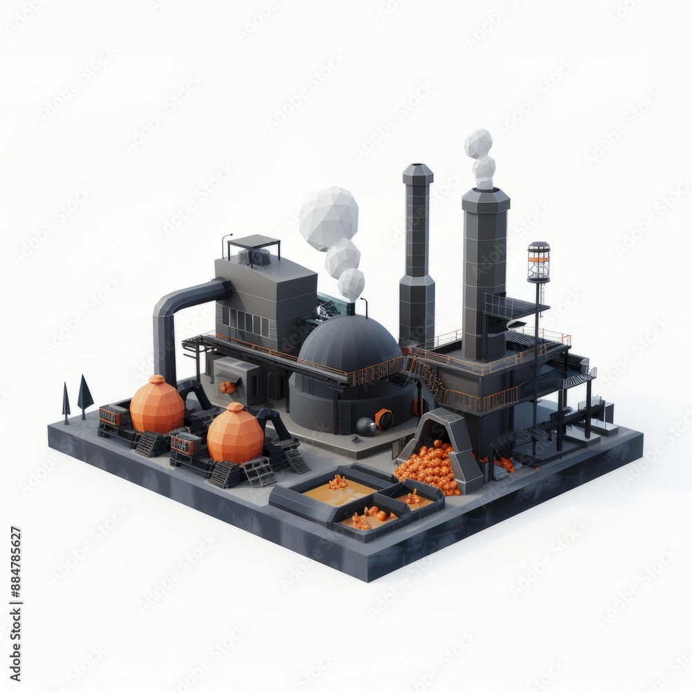 3D Render, Low Poly style of a steel mill with blast furnaces and ...