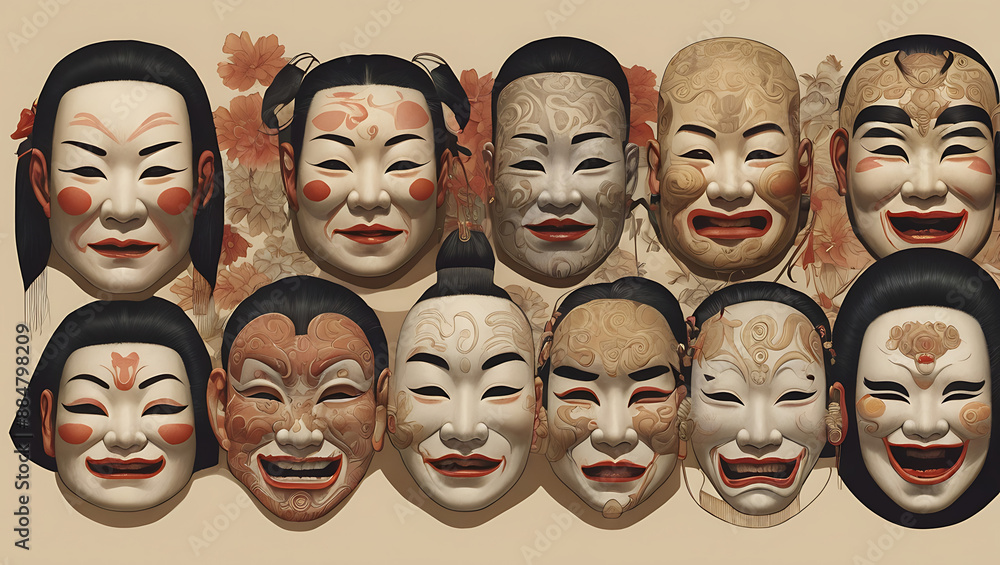 An illustration of a traditional Noh mask used in Japanese theater ...