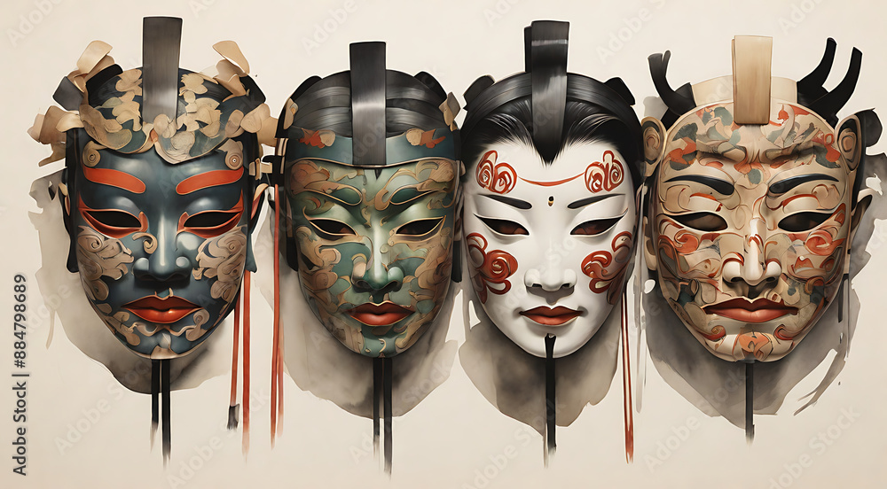 An illustration of a traditional Noh mask used in Japanese theater ...