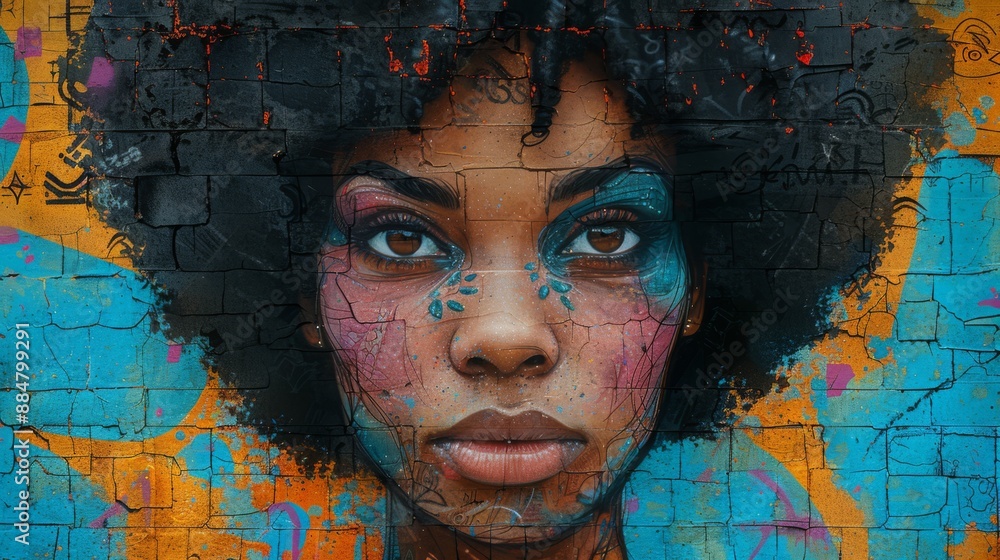 Graffiti art of a black woman with afro, graffiti wall background, flat ...