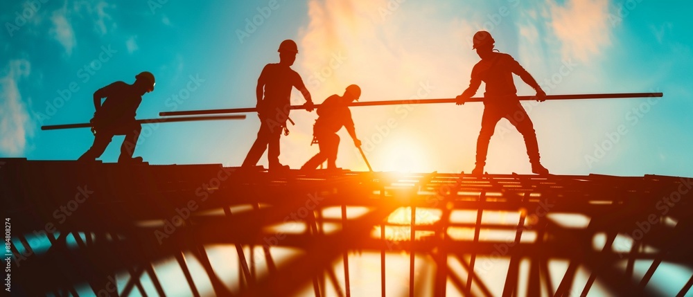 Construction workers positioning steel beams during the erection of a ...