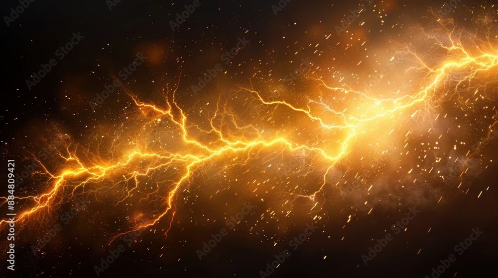 A striking yellow lightning bolt against a dark stormy background. The ...