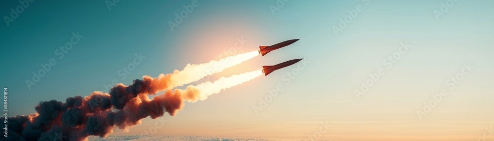 Missiles being launched from a military base, leaving trails of smoke ...